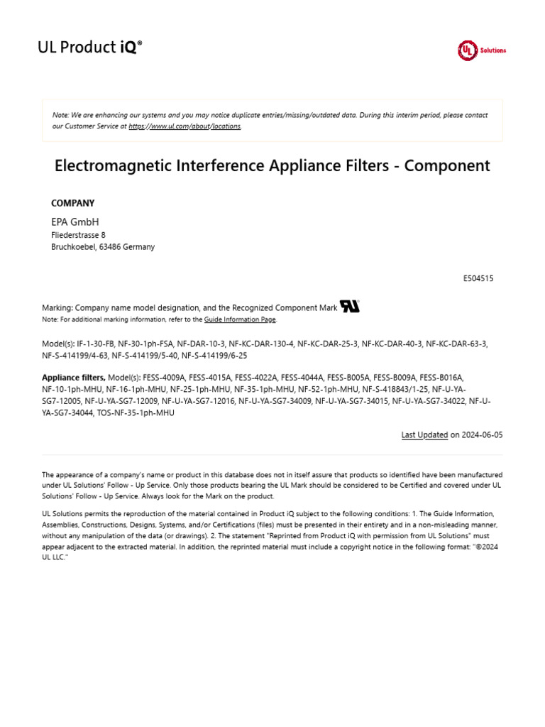FOKR2.E504515 - Electromagnetic Interference Appliance Filters - Component UL Product Iq | PDF ...