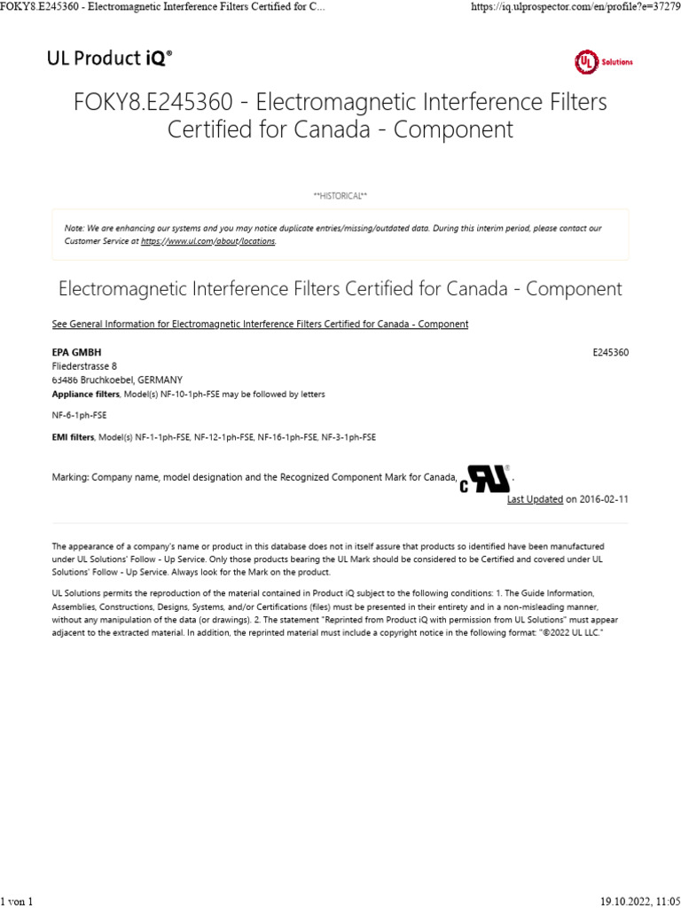 FOKY8.E245360 - Electromagnetic Interference Filters Certified For Canada - Component UL Product ...