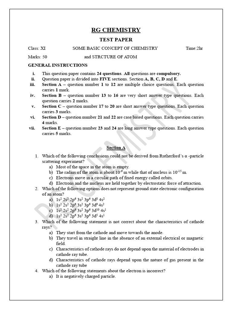 Class XI Chemistry Test: Atomic Structure | PDF | Electron | Ion
