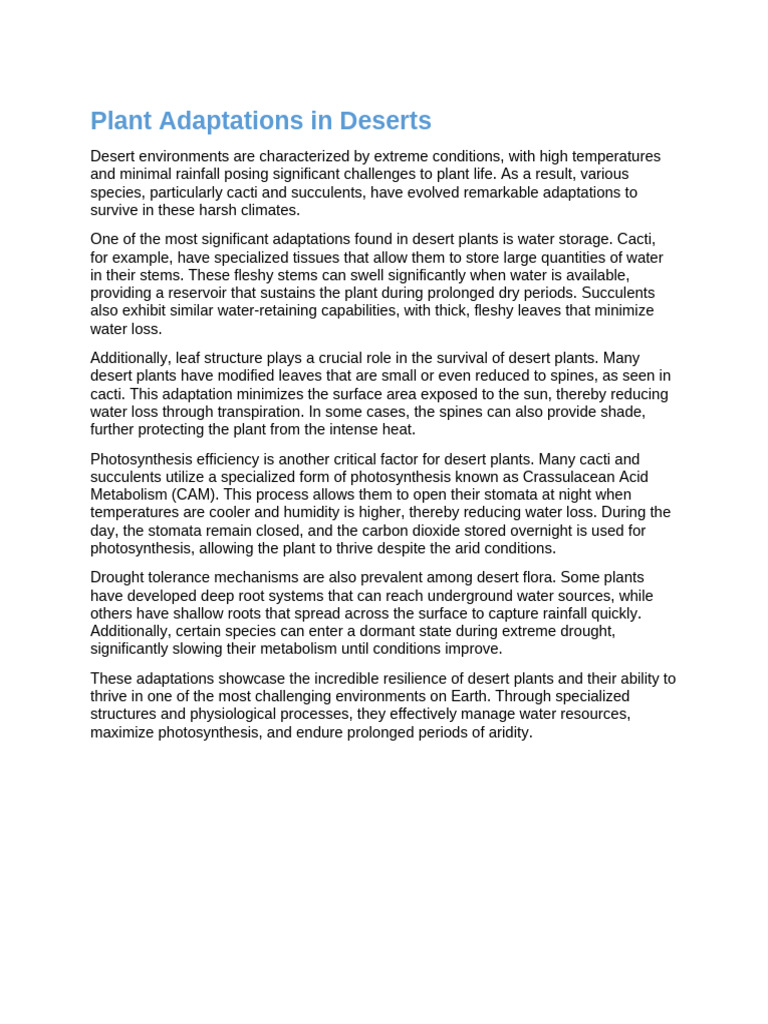 Plant Adaptations in Deserts | PDF