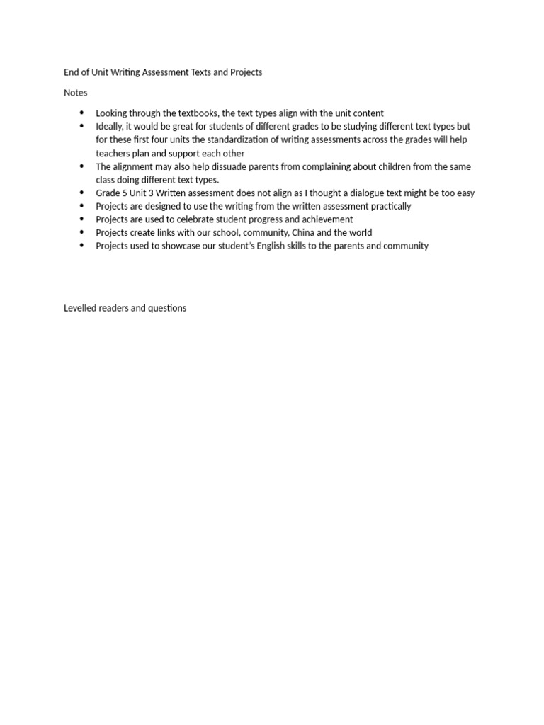 End of Unit Writing Assessment Texts and Projects | PDF | Human ...