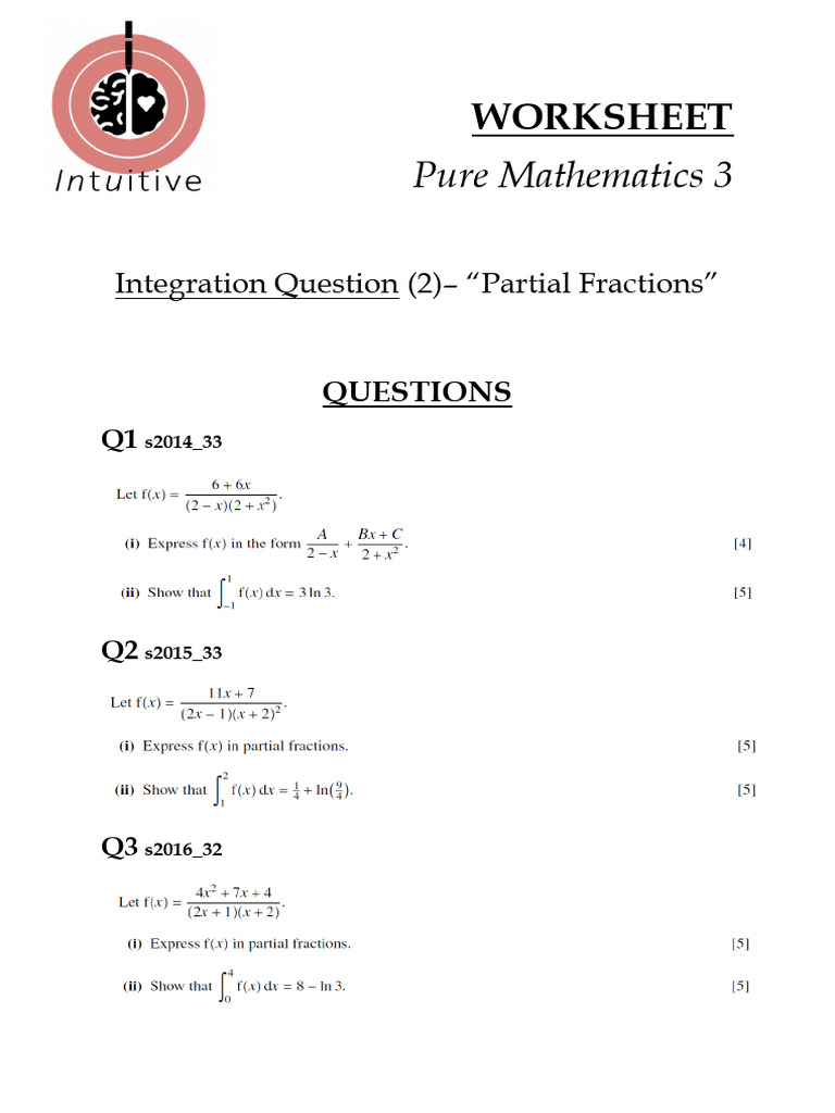 WORKSHEET - Integration Question 2 - Partial Fractions 1 | PDF ...