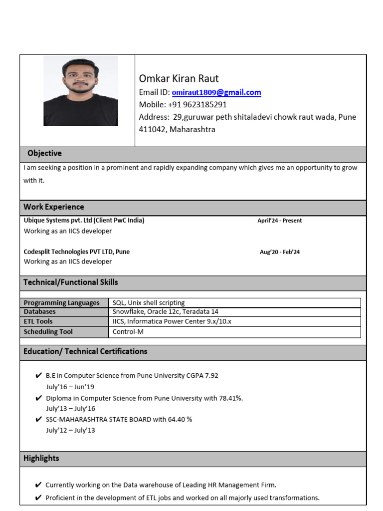 Omkar Raut Updated Resume | PDF | Databases | Computer Programming