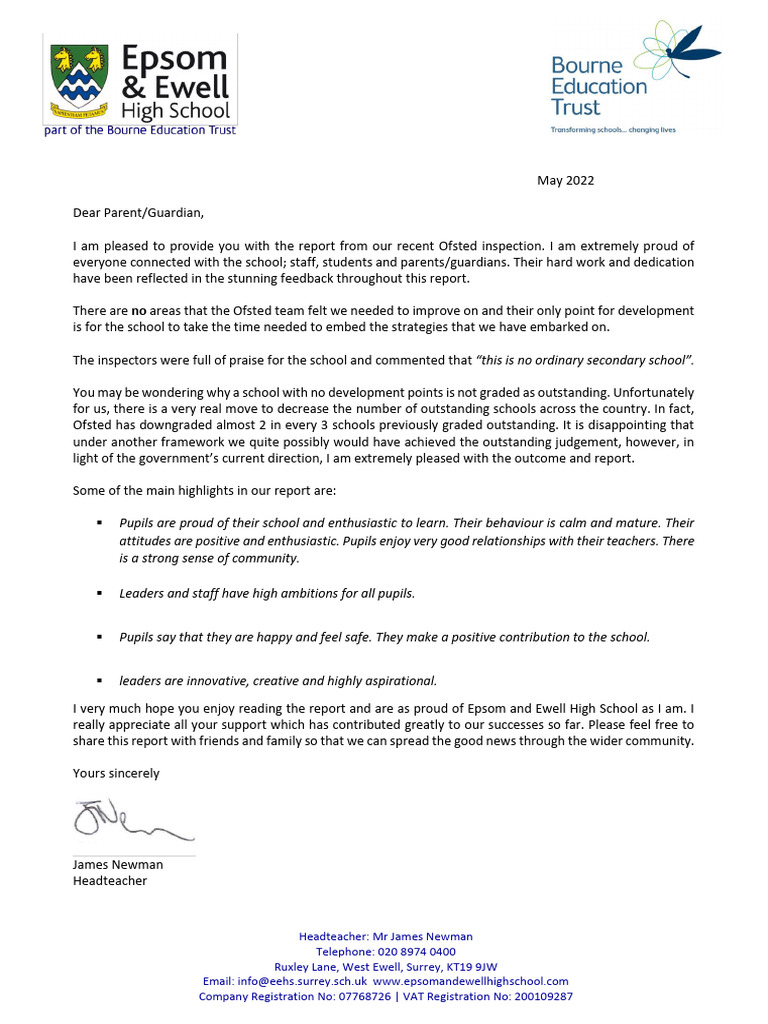 MR Newman Ofsted Letter To Parents Carers | PDF