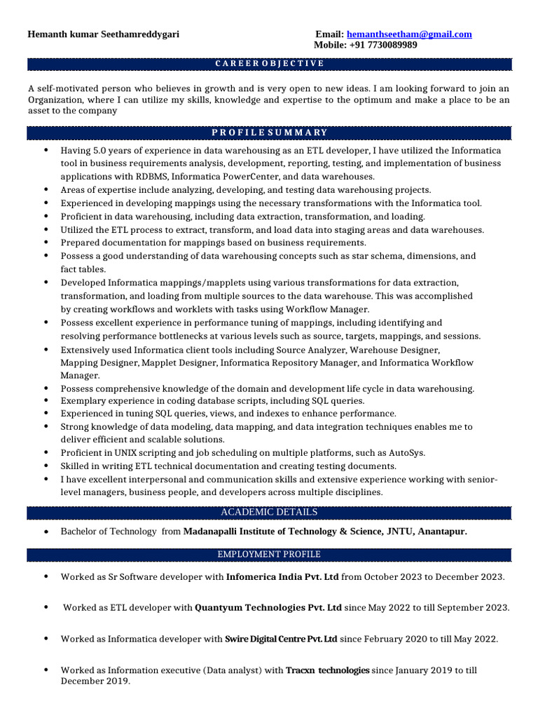 Hemanth ETL Informatica Resume | PDF | Data Warehouse | Databases