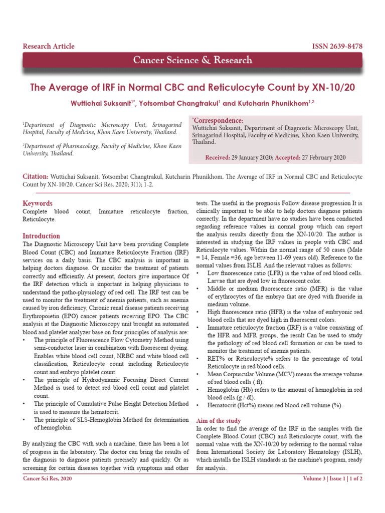 The Average of IRF in Normal CBC and Reticulocyte Count by XN-10/20 ...