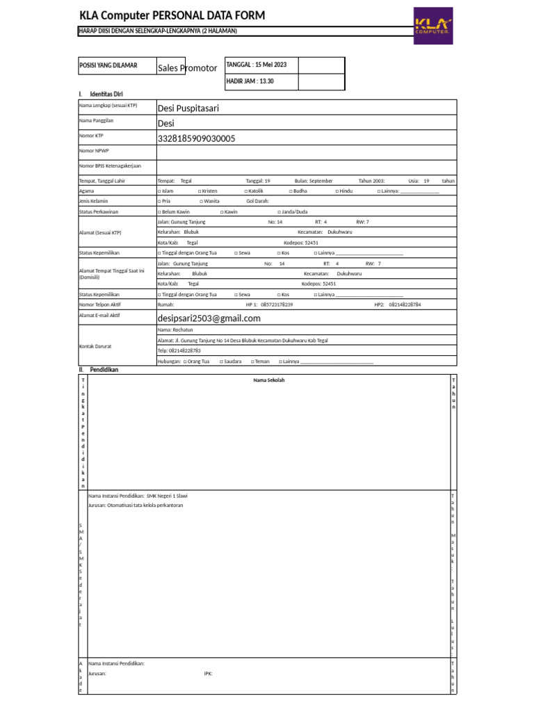 KLA Computer Personal Data Form | PDF