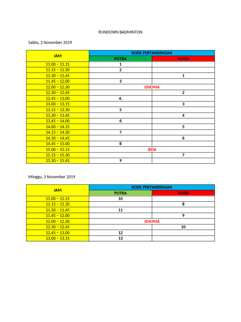 Jadwal Badminton Ega-1 | PDF
