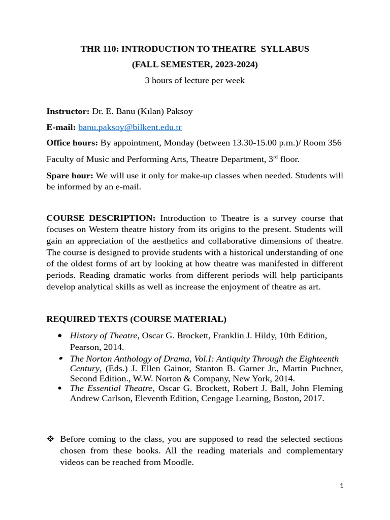 THR 110: Introduction to Theatre Syllabus | PDF | Theatre | Plagiarism
