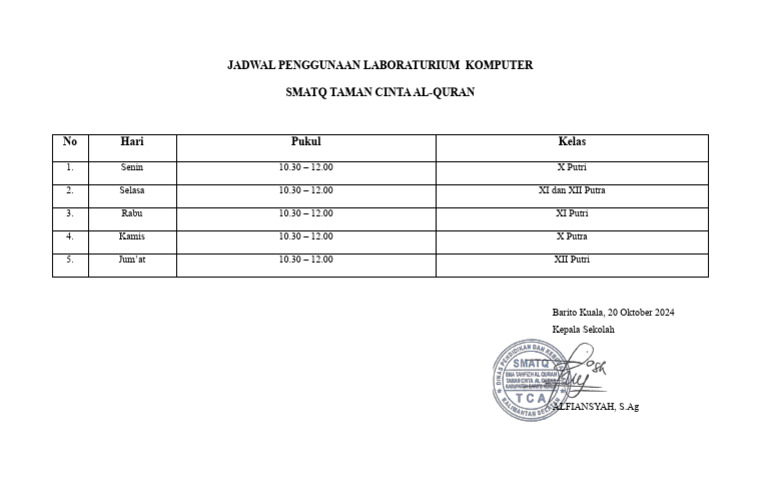 Jadwal Penggunaan Lab Komputer | PDF