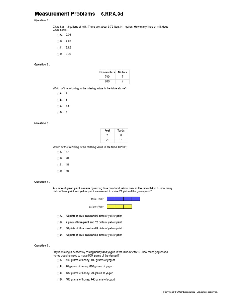 6.RP.A.3d - Measurement Problems | PDF | Gallon | Ounce