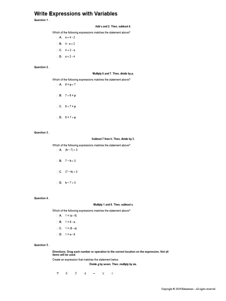 SI - 6.EE.A.2a - Write Expressions W: Variables | PDF | All Rights ...