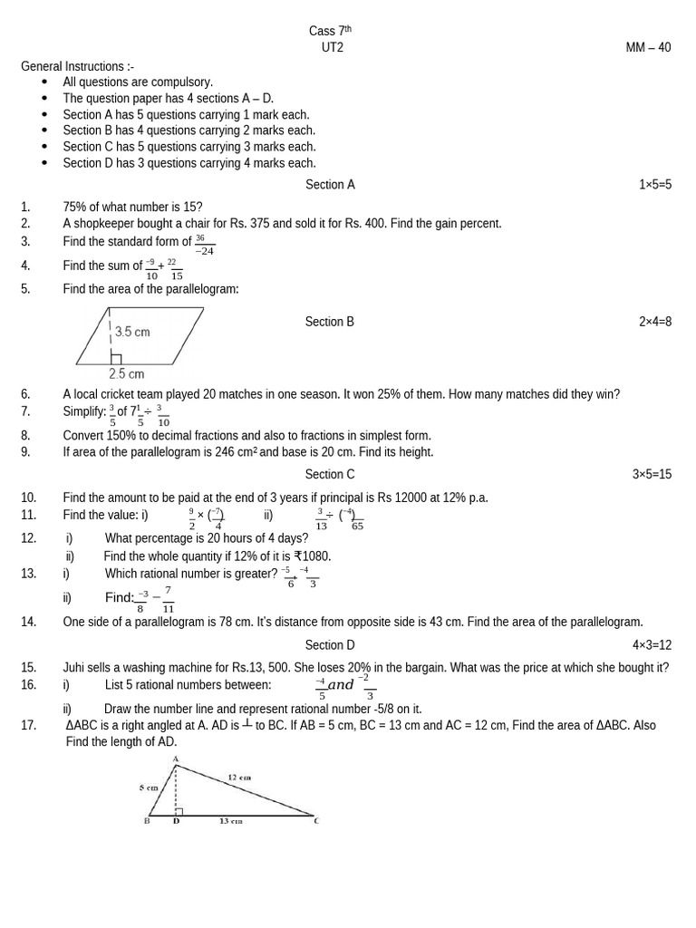 Ut 2 Class 7 Ris Dec 2023 | PDF | Arithmetic | Numbers