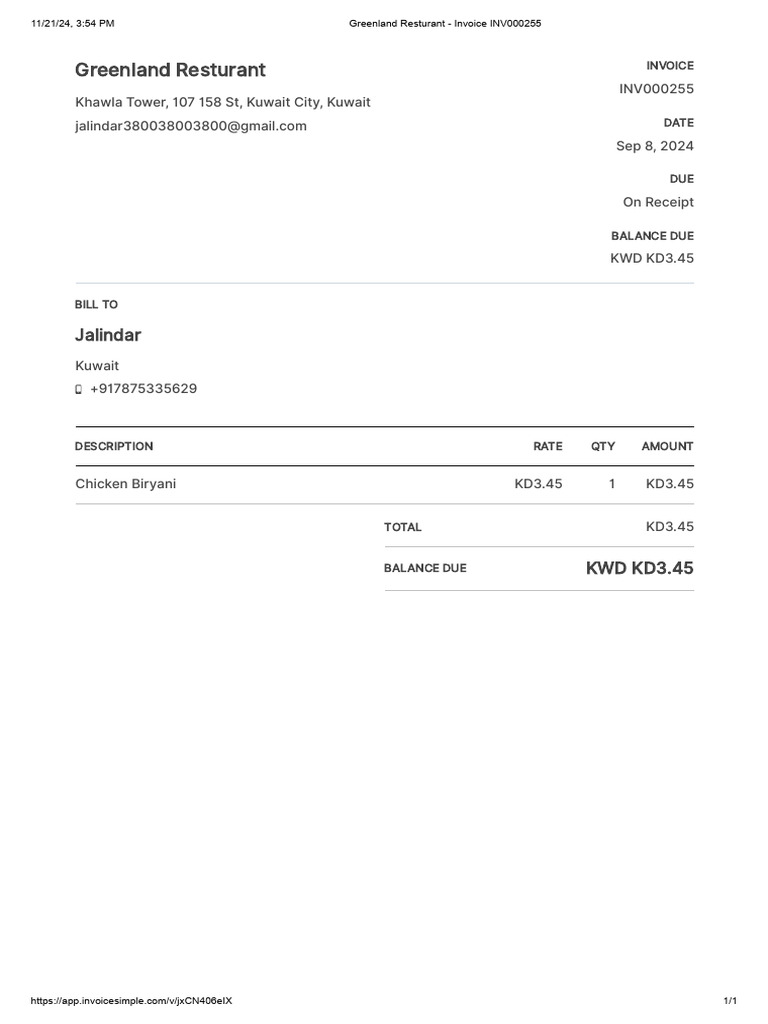 Greenland Resturant - Invoice INV000255 | PDF