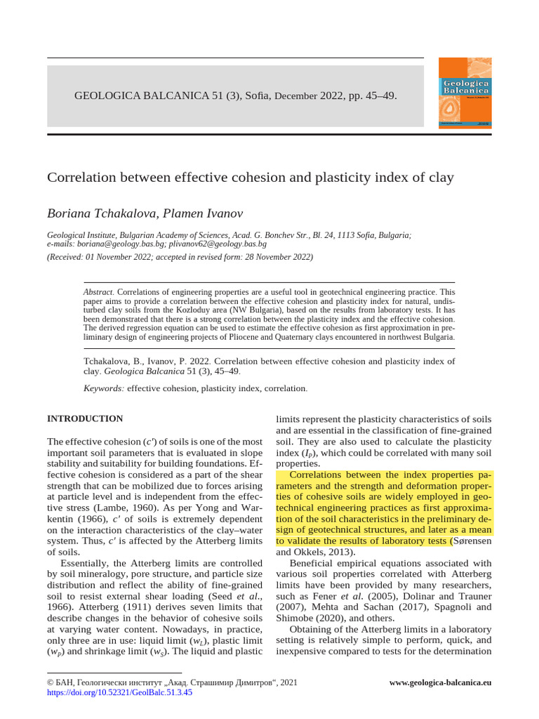 Correlation Between Effective Cohesion and Plasticity Index of Clay ...