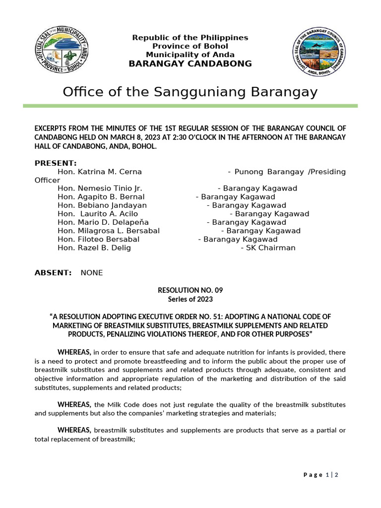 Adoption of EO 51 in Barangay Candabong | PDF | Breast Milk | Breastfeeding