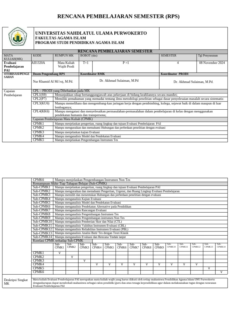 RPS - Evaluasi Pembelajaran PAI 2024 | PDF | Karier & Perkembangan