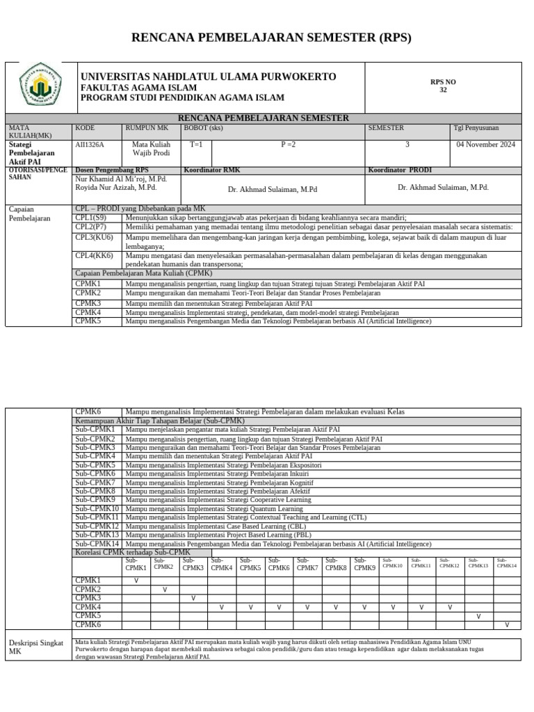 RPS - Strategi Pembelajaran Aktif PAI | PDF