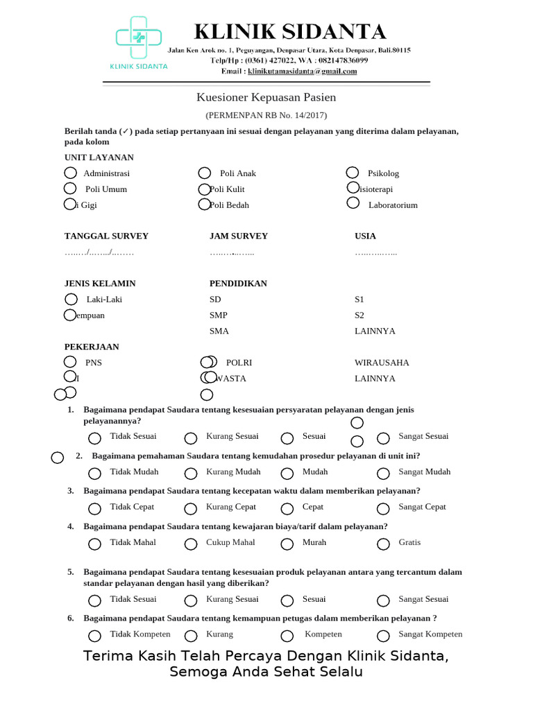 Kuesioner Kepuasan Pasien Klinik Sidanta | PDF