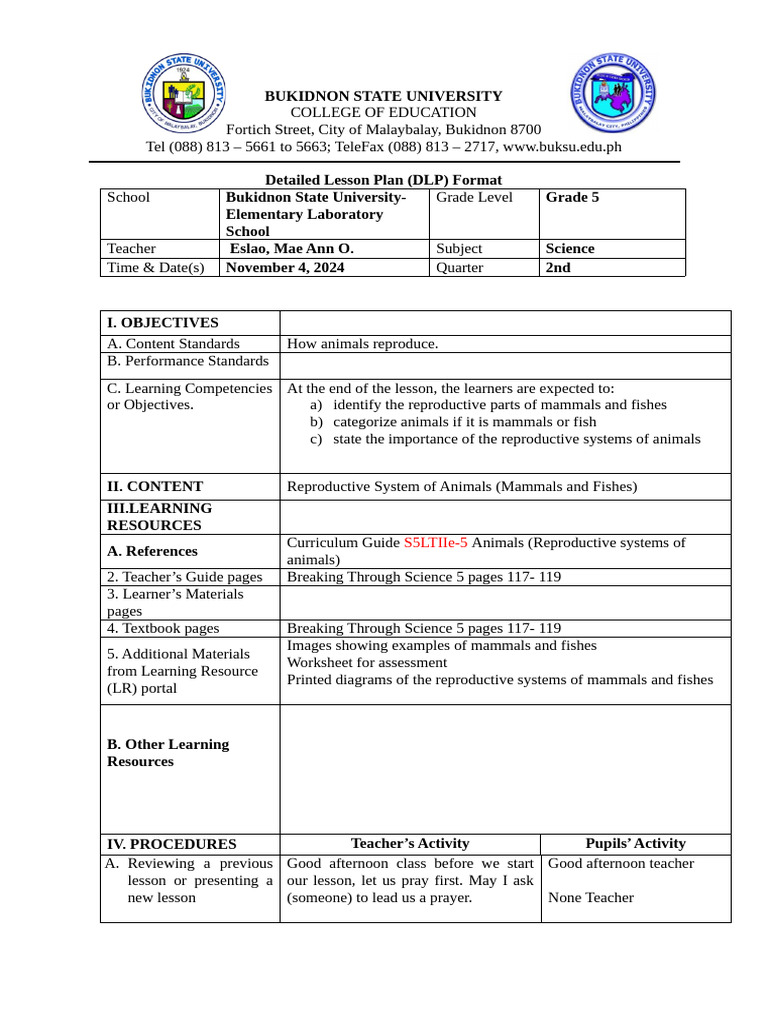 Grade 5 Science Lesson Plan: Animal Reproduction | PDF | Reproductive ...