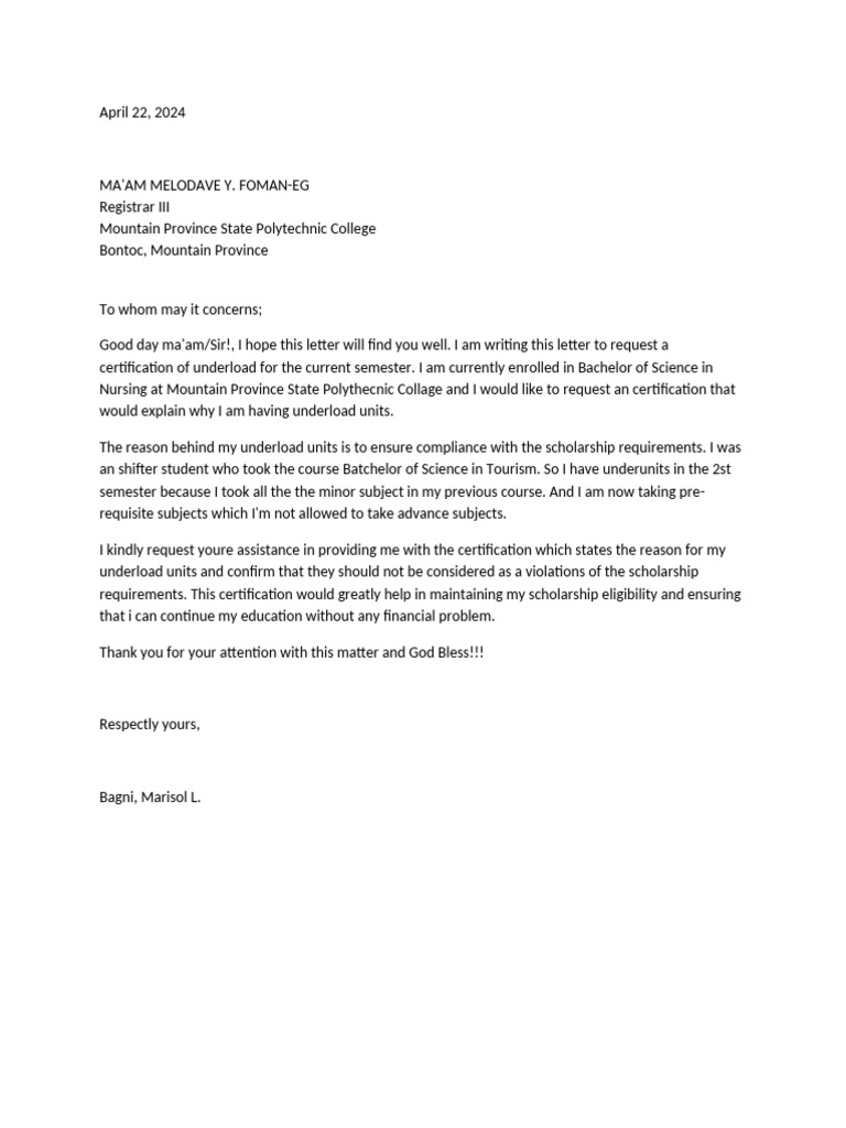 Request for Underload Certification | PDF | Career & Growth | Finance & Money Management