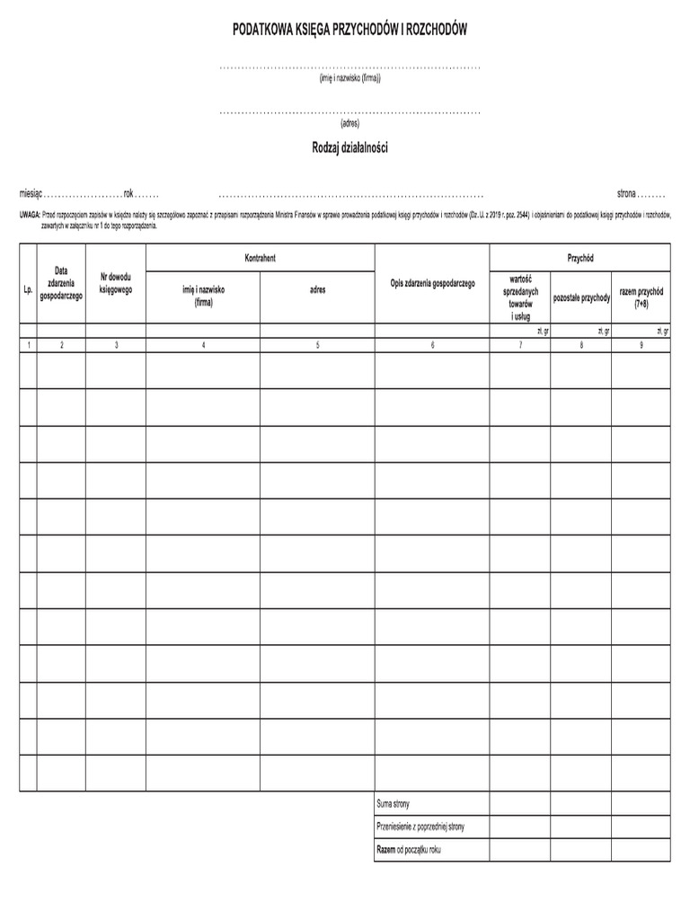 Podatkowa Ksiega Przychodow I Rozchodow Uniwersalna | PDF