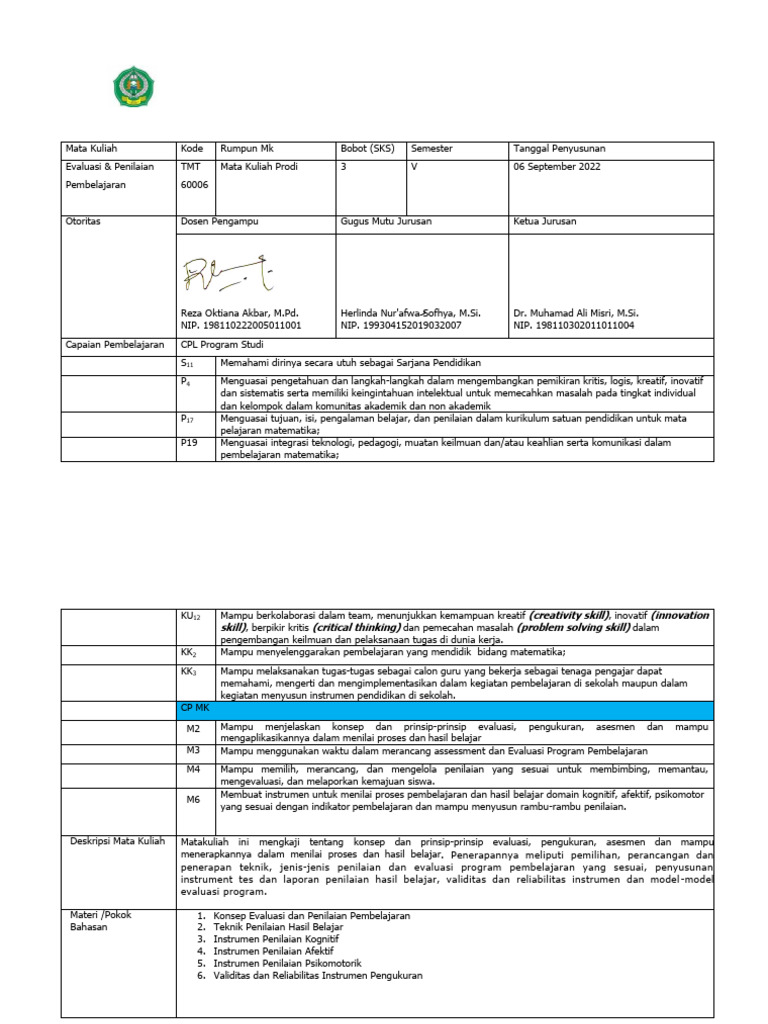RPS Evaluasi & Penilaian Pembelajaran | PDF | Karier & Perkembangan