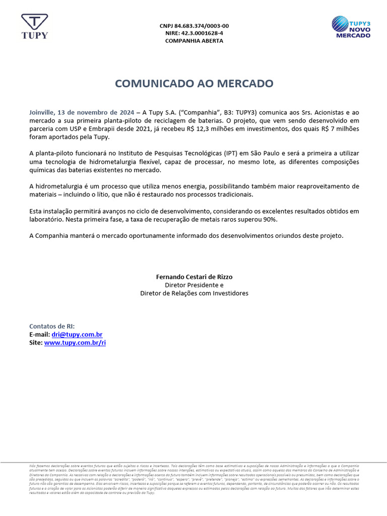 TUPY Comunicado A Mercado - Planta Piloto de Reciclagem de Baterias | PDF | Mercado (economia) | Irã