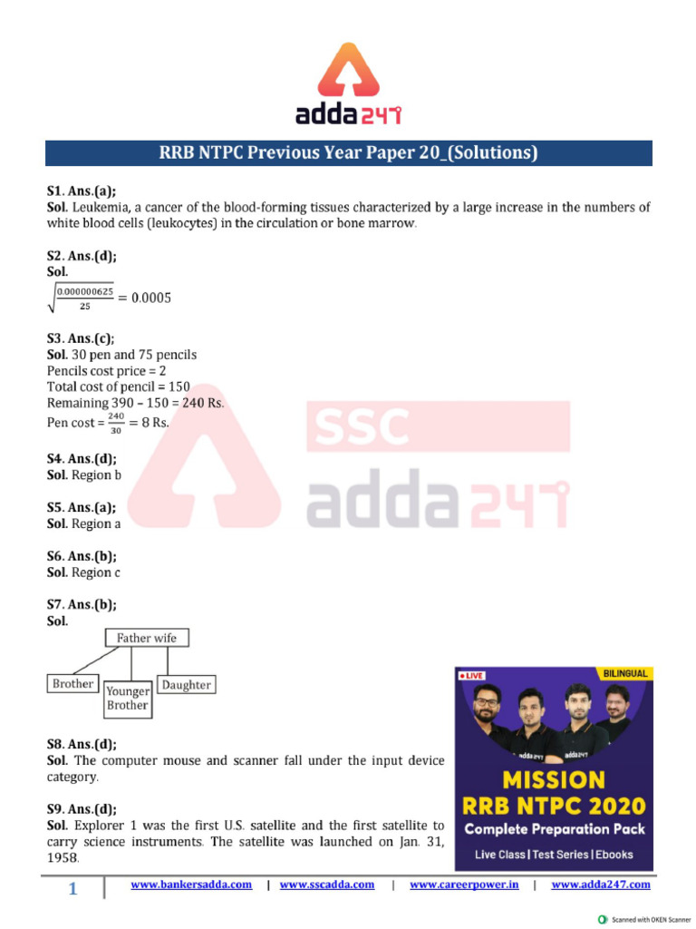 RRB NTPC Previous Year Paper 20 Solutions | PDF