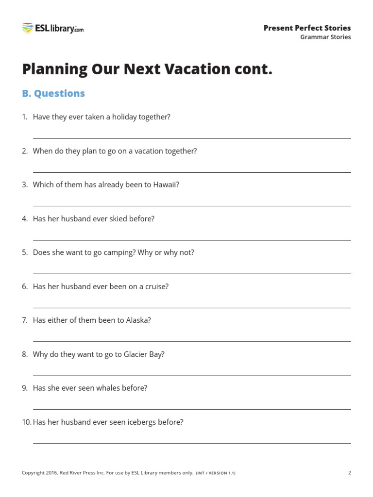 Present Perfect Vacation Questions | PDF | Language Arts & Discipline