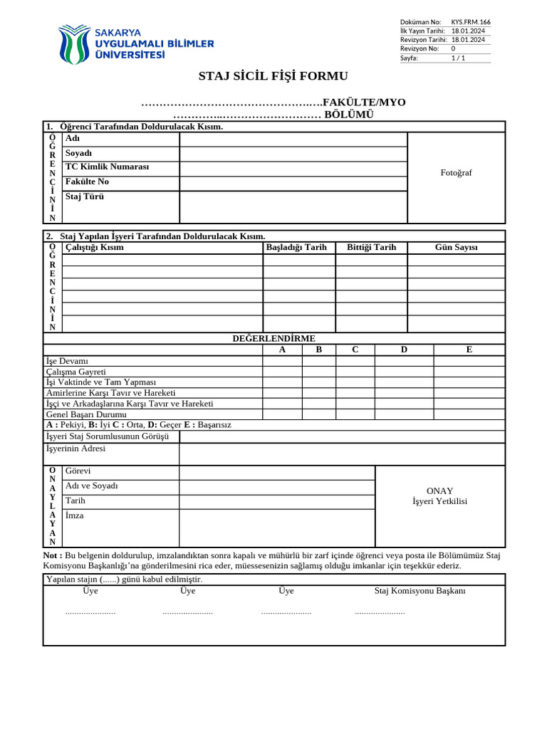 Staj Si̇ci̇l Fi̇şi̇ Formu | PDF
