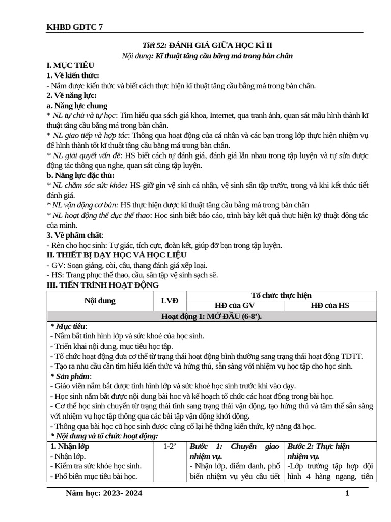 2023-2024. GDTC 7 - Tiết 52 (Tuần 26) . | PDF