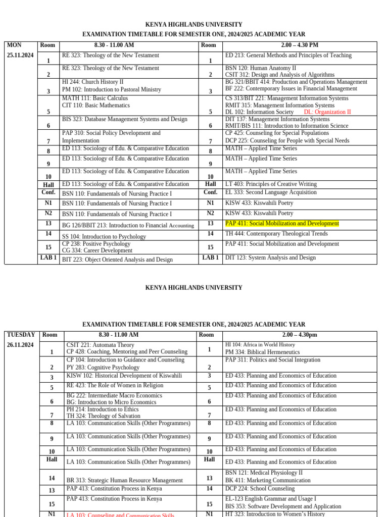 Examination Timetable For Semester One 2024 2025 Academic Year | PDF ...