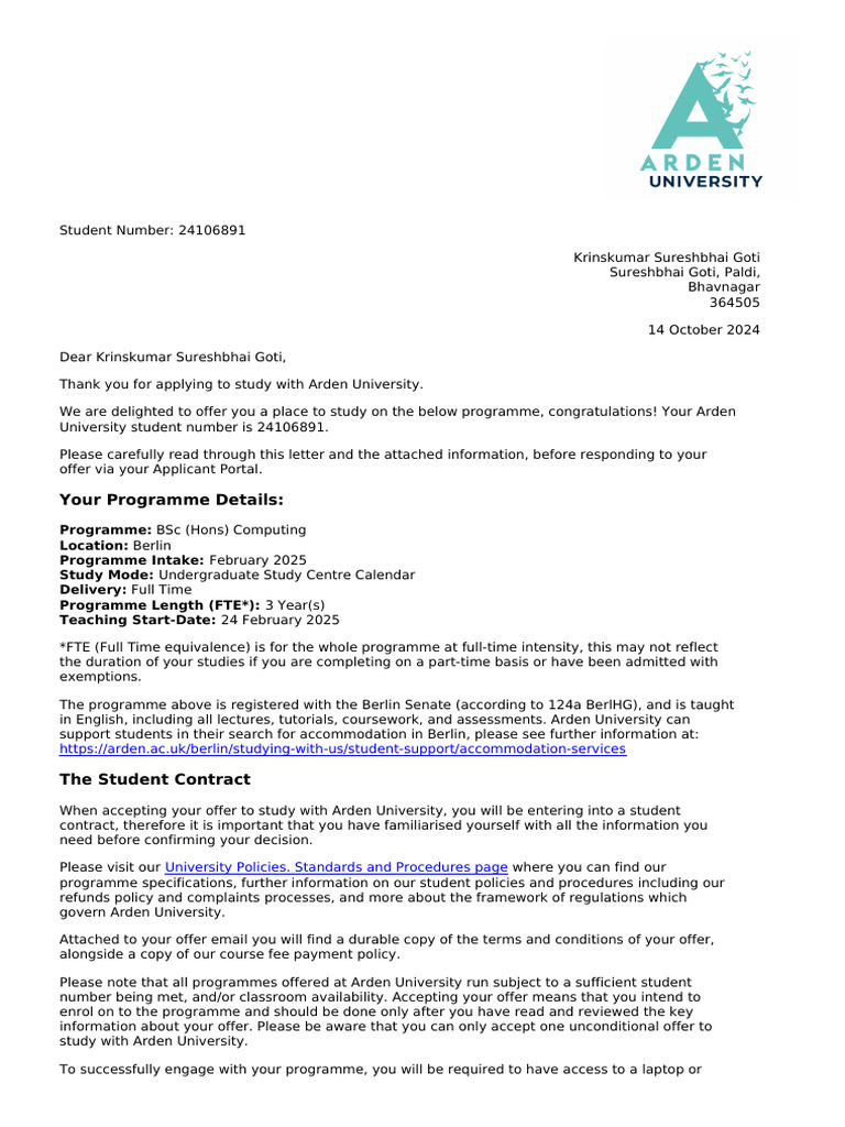 24106891 Offer Letter | PDF | Tuition Payments