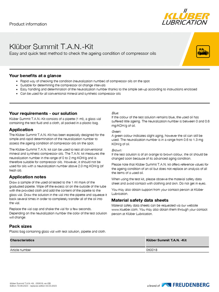 Klüber Summit T.A.N. Kit Overview | PDF | Materials
