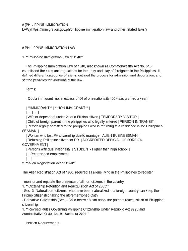 Philippine Immigration Law Overview | PDF | Citizenship | Naturalization