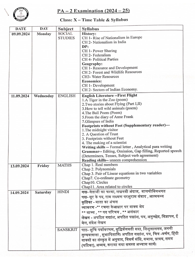Class 10 PA 2 Time Table and Syllabus | PDF