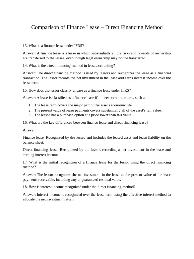 Finance Lease vs. Direct Financing Method | PDF