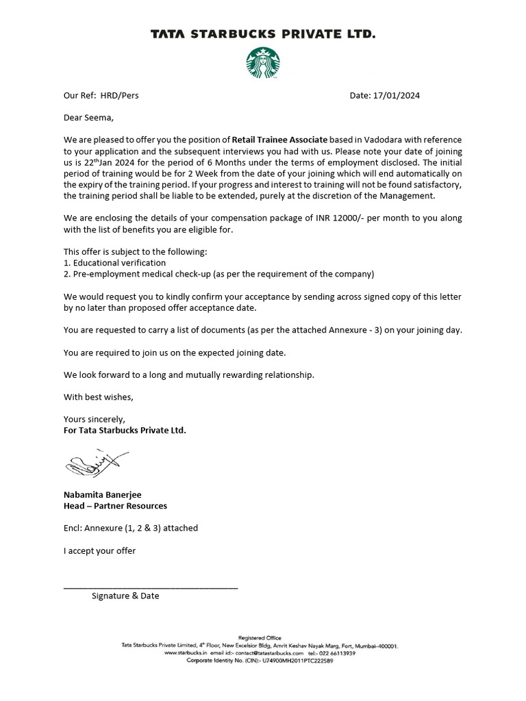 Offer Letter Starbucks | PDF | Workweek And Weekend
