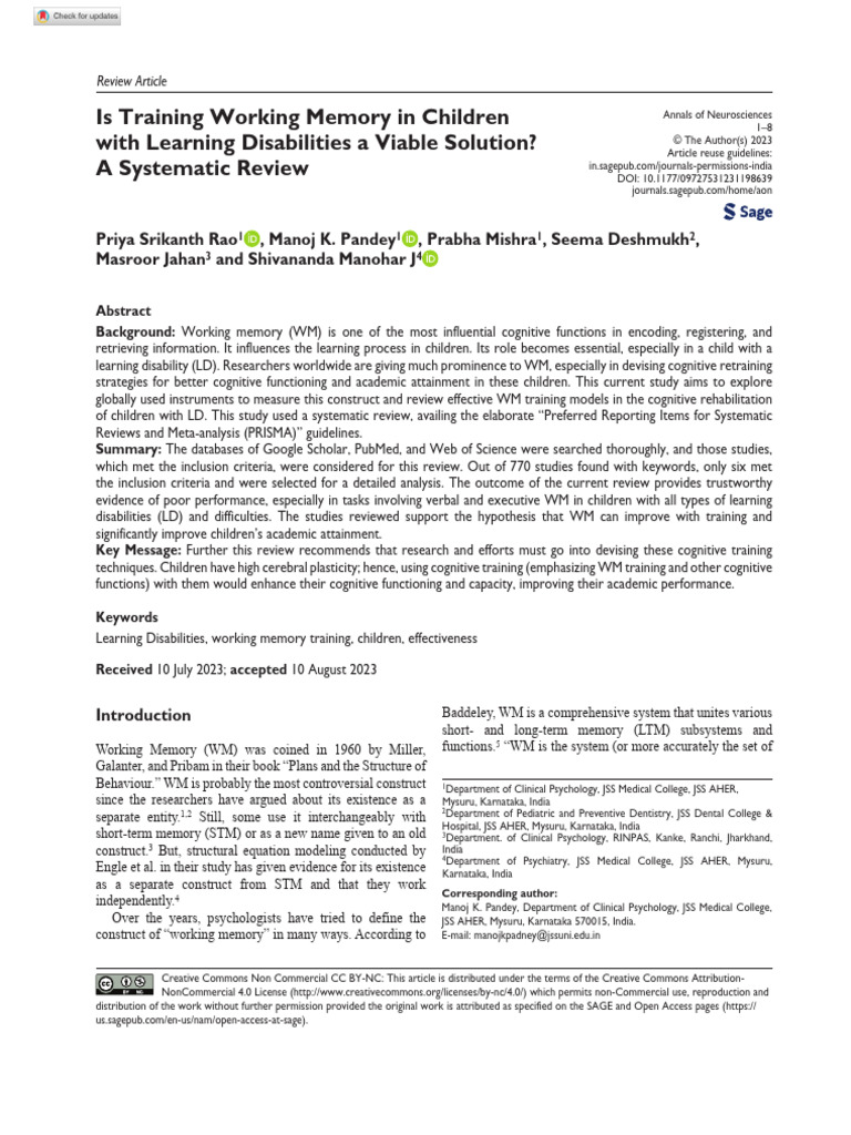 Rao Et Al 2023 Is Training Working Memory in Children With Learning Disabilities A Viable ...