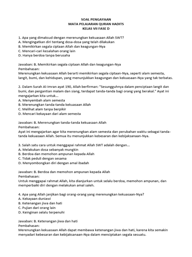 Soal Pengayaan QH Kelas Vii | PDF