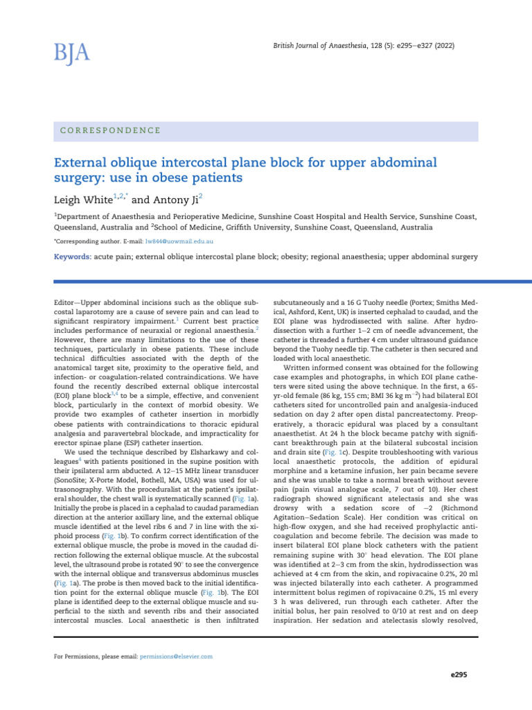 EOI Plane Block in Obese Patients | PDF | Anesthesia | Surgery