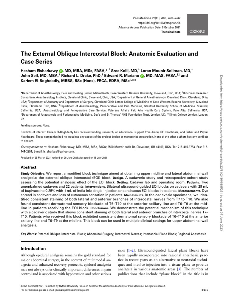 (Elsharkawy, 2021) The External Oblique Intercostal Block Anatomic ...