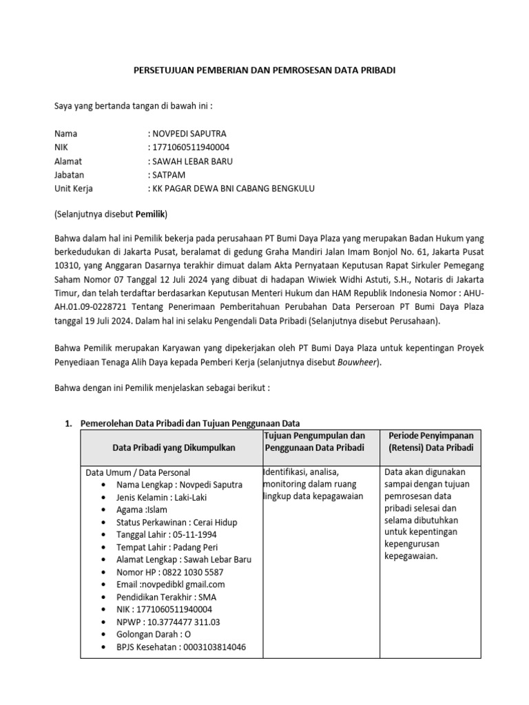 FINAL To TAD Template Persetujuan Pemrosesan Data Pribadi 211024 NOVPEDI SATPAM BNI PAGAR DEWA | PDF