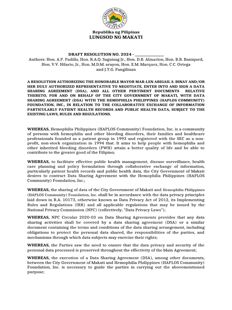 Draft City Resolution Data Sharing Aggreement (Dsa) Haplos | PDF | Justice | Crime & Violence