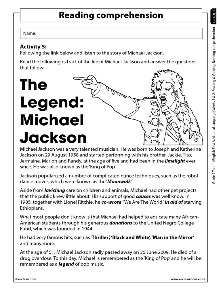 Michael Jackson Reading Comprehension 7th Grade | PDF | Michael Jackson