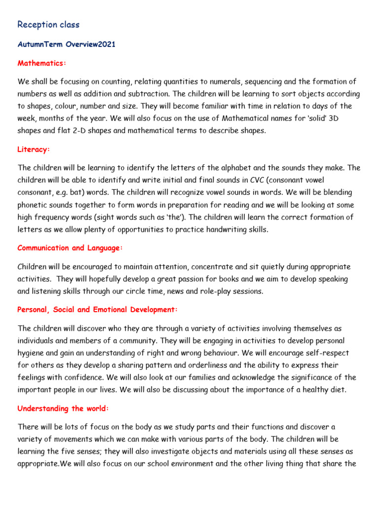 Reception Curriculum Overview | PDF | Senses | Cognition