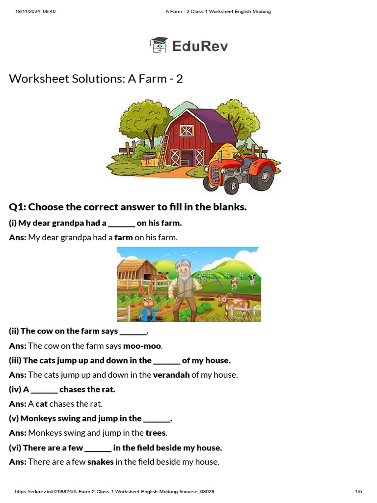 A Farm Worksheet Solutions for Class 1 | PDF | Birds | Ornithology