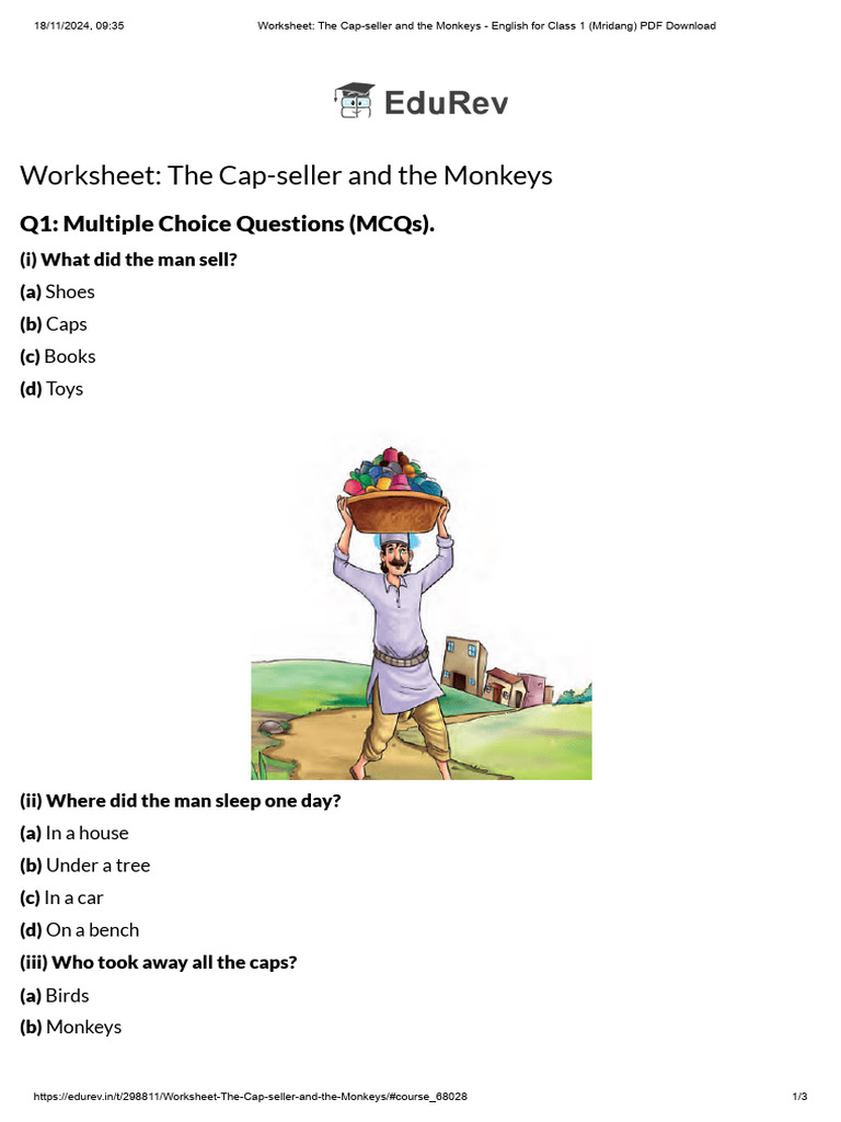 Worksheet - The Cap-Seller and The Monkeys - English For Class 1 ...