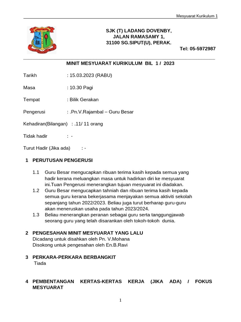 MINIT MESYUARAT KURIKULUM Bil 1 2023 | PDF